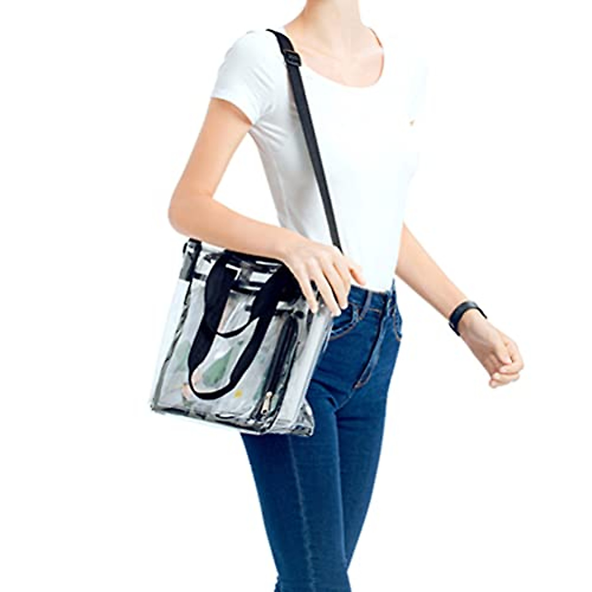 SHERCHPRY Clear Tote Bag with Zipper Closure, Crossbody Messenger Shoulder Bag, PVC Clear Cross- Body Purse with Adjustable Strap for Work, School, Exam, Gym, Stadium