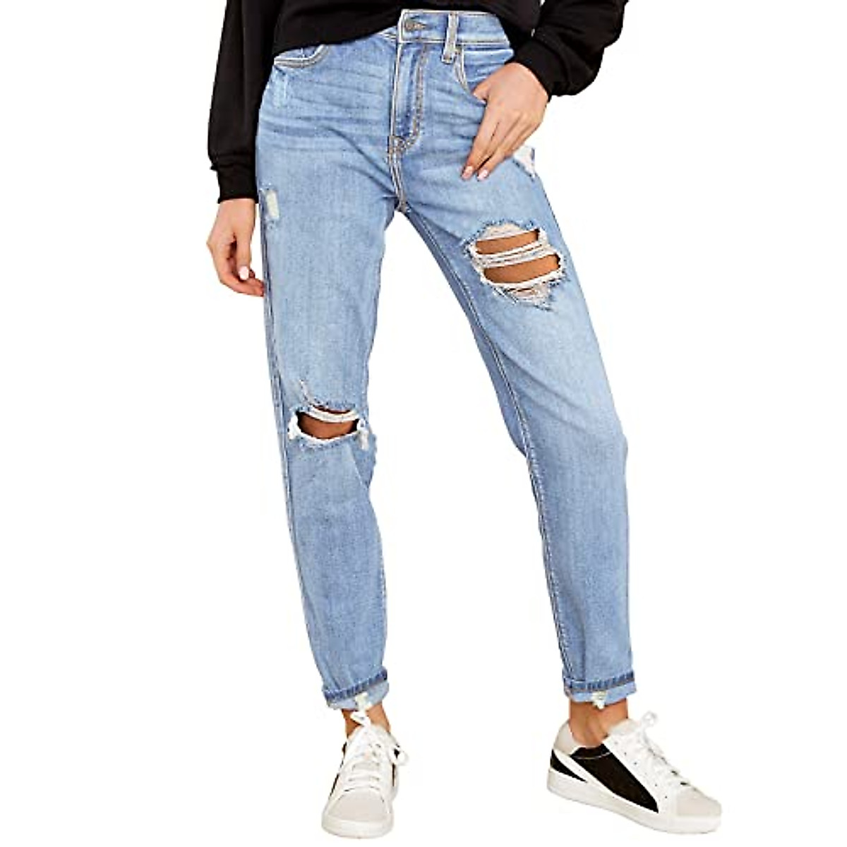 GRAPENT Jeans for Women High Waist Stretchy High Waisted Ripped Distressed Mom Jeans Boyfriend Tapered Ankle Length Denim Jean Pants Ballad Blue Color Size Medium Size 8 - Size 10
