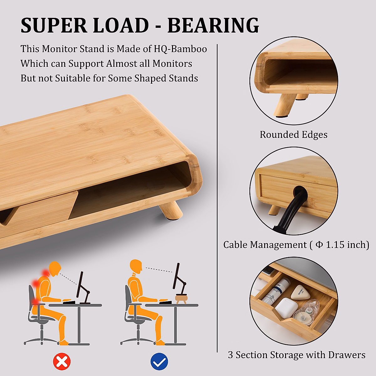 Homerays Bamboo Monitor Stand Riser, No Assembly Required Exquisite Monitor Stand with Drawer, Ergonomic Height Wood Monitor Stand