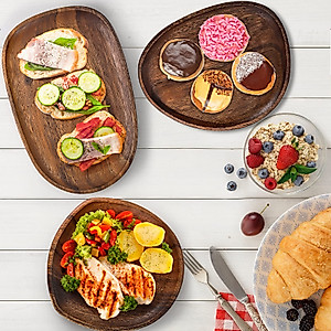 Okllen Set of 5 Acacia Wood Serving Platter and Trays, Irregular Oval Solid Wood Plates Serving Tray, Lightweight Wood Dinner Plates for Breakfast, Coffee, Tea, Snack, Plant, Housewarming Gift