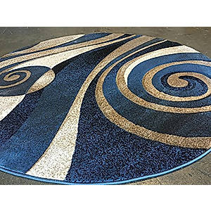 Sculpture Modern Round Area Rug Blue Beige Design 258 (5 Feet 6 Inch X 5 Feet 6 Inch)