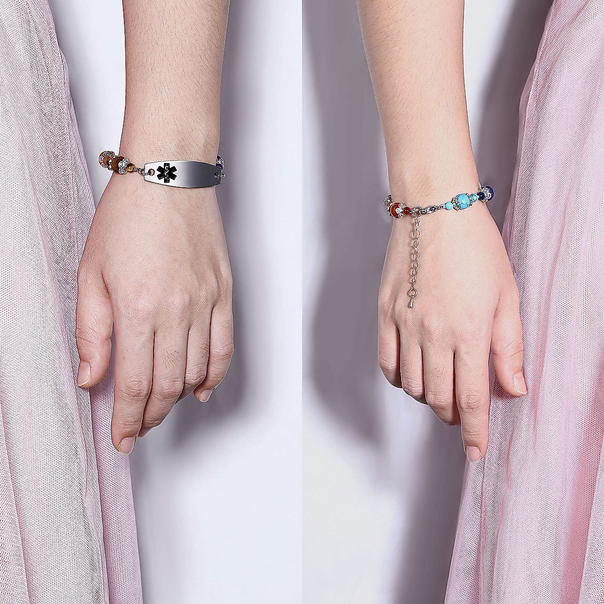 Medical Alert Bracelets for Women & Men | Medical ID Bracelets for Men & Women | Customize Colorful Beads Medical Bracelet | Stainless Steel Plate | Adjustable 7.5-9.0"