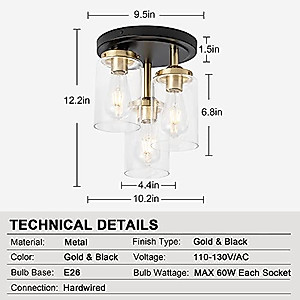 Mayful Semi Flush Mount Ceiling Light, 3-Light Clear Glass Shade Ceiling Light Fixture, Gold Finish Cluster Cylinder Ceiling Light Fixtures for Kitchen Dining Room Hallway Foyer
