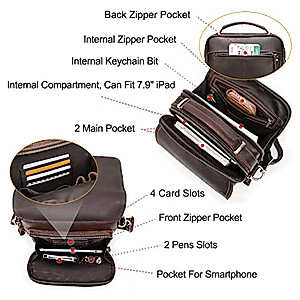 Contacts Messenger Bag for Men, Genuine Leather Crossbody Shoulder Sling Bag Mens 10.5" iPad Bag College School Travel Handbag(Coffee)