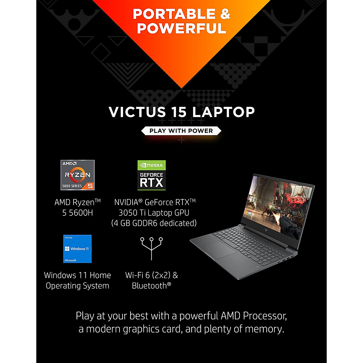 HP Victus 15 Gaming Laptop, NVIDIA GeForce RTX 3050 Ti, AMD Ryzen 5 5600H, 8 GB RAM, 512 GB SSD, Full HD IPS Display, Windows 11 Home, Backlit Keyboard, Enhanced Thermals (15-fb0020nr, 2022)