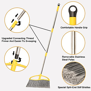 14" Widen Broom for Floor Cleaning, Long Handle Outdoor Broom,Heavy Duty Broom with Stiff Bristles,Sweeping Broom,Angle Broom for Garage Patio Garden Deck Home