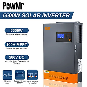 PowMr 5500W Solar Inverter 48V DC to 220V-230V AC, 5.5KW Pure Sine Wave Inverter with 100A MPPT Charge Controller, for 48V Lead-Acid and Lithium Battery, Can be Parallel up to 12 inverters