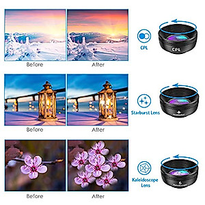 Criacr Phone Camera Lens, 210 °Fisheye Lens + 120 °Wide Angle + 25X Macro + 2X Telephoto + Star Lens + CPL + 6 Kaleidoscope 7 in 1 Phone Lens Kit Compatible with iPhone/Samsung/Google Pixel etc