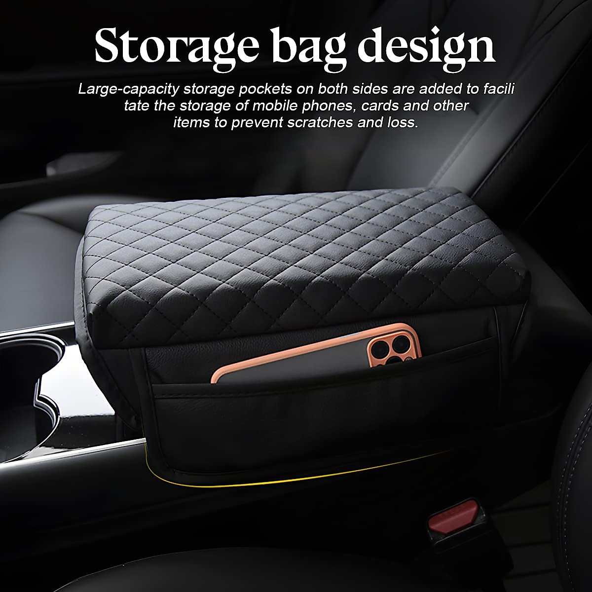 zipelo Car Armrest Cushion, Carbon Fiber Leather Auto Center Console Pad, Memory Foam Armrest Box with Storage Bag, Hand Rest Pillow with Organizer Pockets, Universal Fit for Most Vehicles (Black)