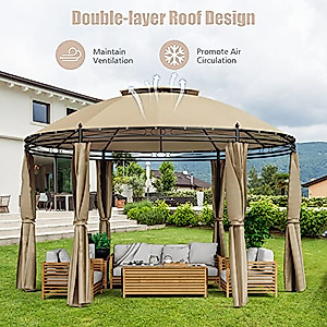 Tangkula 11.5x11.5 ft Round Patio Gazebo, 2-Tier Dome Gazebo with Removable Side Curtains, Heavy Duty Steel Frame, Outdoor Gazebo Pavilion for Backyard, Deck, Poolside, Garden (Brown)