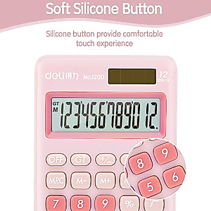 deli Standard Function Basic Calculator, 12 Digit Desktop Calculator with Large LCD Display, Solar Battery Dual Power Office Calculator, Pink