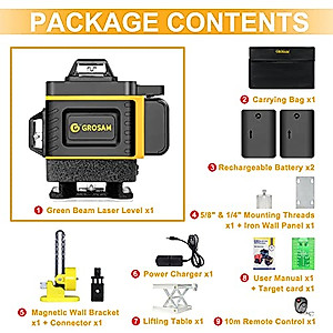 GROSAM Laser Level, 16-line Green Laser Level For Self-leveling Of Buildings And Picture Hangings, Two 360° Vertical Lines And Two 360° Horizontal Lines With Battery Power Detection