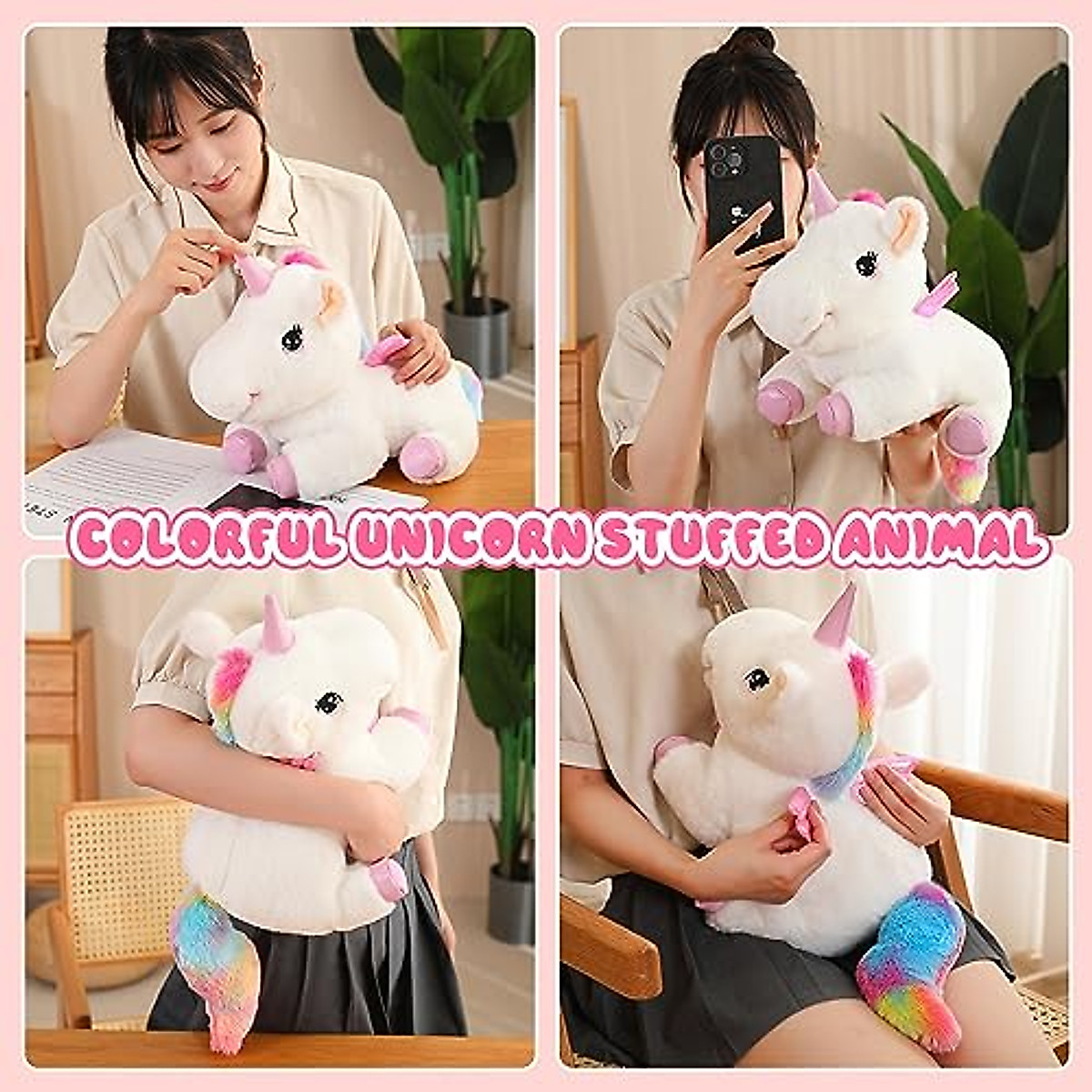 SQEQE Cute Unicorn Stuffed Animals with 4 Babies in Her Tummy, Rainbow Flying Unicorn Plush Pillow Toy with Wings, Unicorn Gifts for Girls Ages 3 4 5 6 7 8 Years
