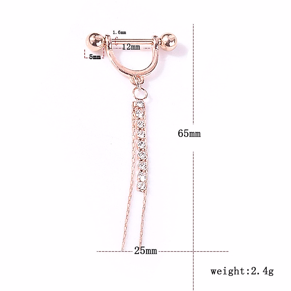 Kinsing, 316L Surgical Steel CZ Body Nipple Piercing Jewelry 14G Dangly Tassels Nipple Rings Retainer for Women Girls 12Inch 2 Pack (Rose Gold)