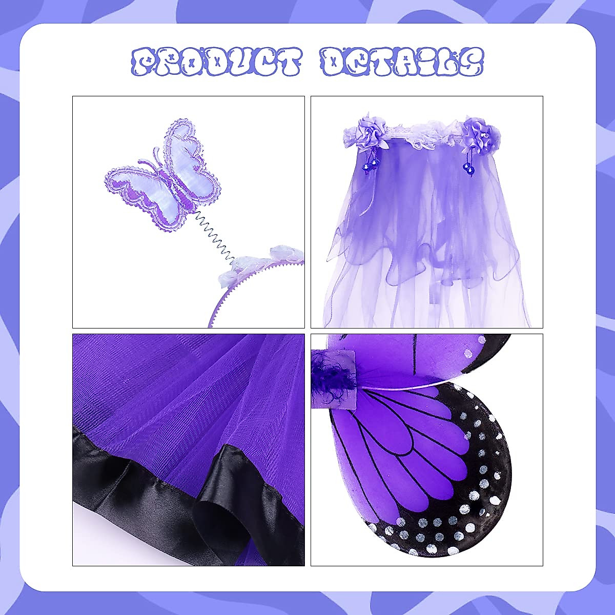 WILDPARTY Girl Fairy Costume Set with Butterfly Wings, Tutu, Magic Wand, Headband and Veil Costume Set for 3-8 Years Girl Dress up and Birthday Party Ballet Dance (Spotty Purple)