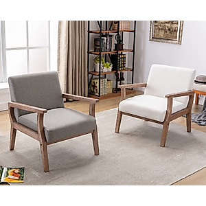 CIMOO Beige Accent Chair Mid Century Modern Armchair Wood Sitting Chair Linen Fabric Upholstered Side Chair Comfortable Chair for Living Room Bedroom Cream