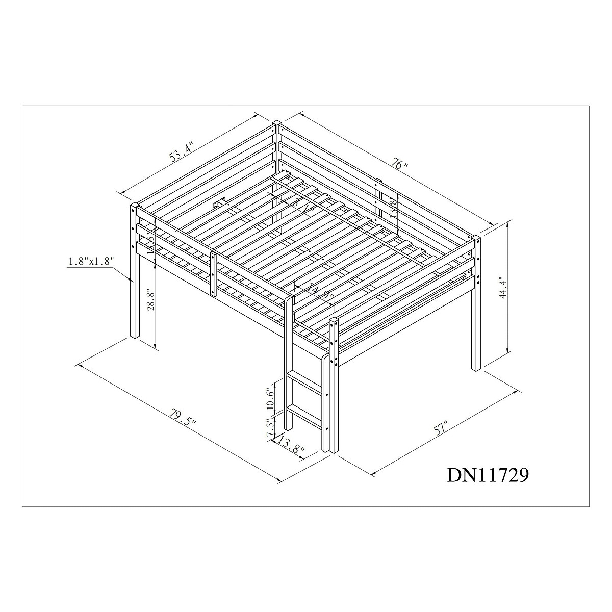 HABUHOME Low Loft Bed Full Size, Wood Loft Bed with Ladder, Full Loft Bed Frame with Safety Guardrail for Kids Teens Boys Girls,White