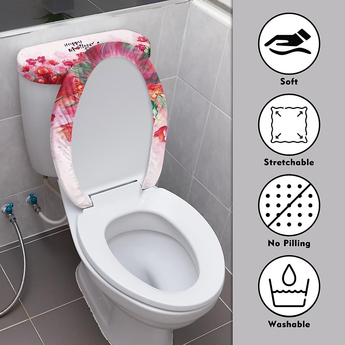 Gzzxiailg Happy Mothers Day Bathroom Toilet Lid Cover Fit for Standard Oblong Round Elongated Bath Room Bowl Lids Soft Dust Cover Decorations Stretchable Scratches-Proof