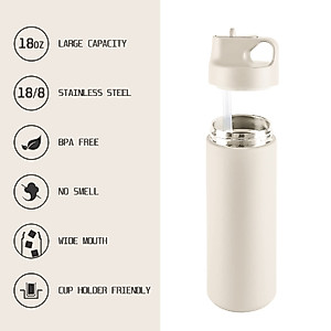 TSURUYA Stainless Steel Water Bottle,18/8 Double Wall 18oz Leak-proof Insulated Vacuum Water Bottle, Thermos with Straw for Hot Drinks