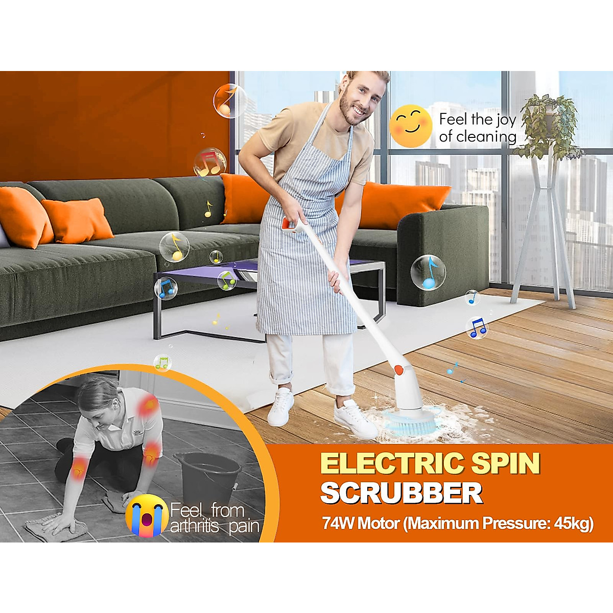 Zeutch Electric Spin Scrubber, 2024 Upgraded Cordless Cleaning Brush with Extension Arm, 4 Replaceable Cleaning Heads and Heads Holder, 74W Dual Speeds Power Scrubber for Tub, Grout, Floor, Bathroom