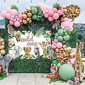 Pink Wild One Balloon Arch with Backdrop 59x40 Inch for Wild One Birthday Decoration, Safari Jungle Balloons Garland Arch Kit Giraffe Pink Sage Green Balloons of First 1st Birthday Decorations Girl