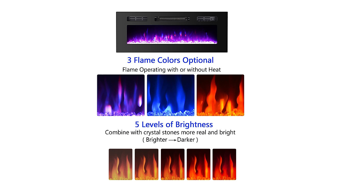 36" Recessed Electric Fireplace Insert Heater - 3 Flame Colors