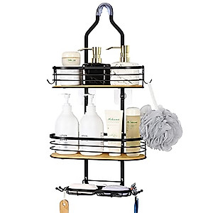 Fogein Shower Caddy Over Shower Head, Hanging Shower Caddy, Shower Basket with Suction Cup, Bathroom Shower Caddy Over The Door with Bamboo Board Hook & Soap Box, No Drilling(3 Tier, Black)