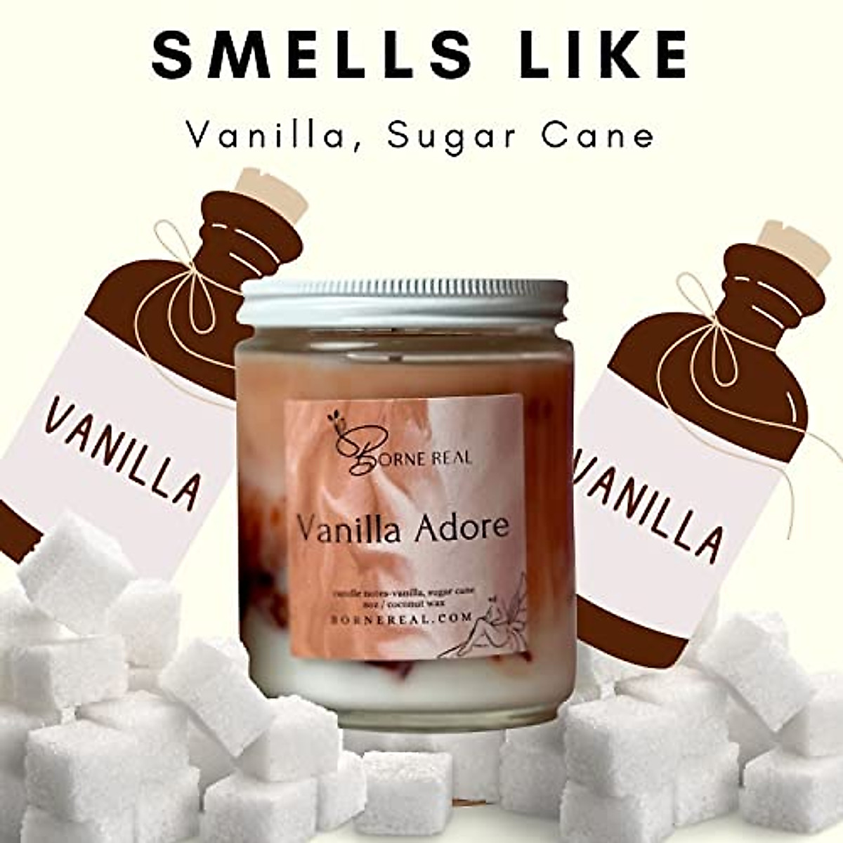 Borne Real, Vanilla Adore, Aromatherapy Scented Candles for Home, Smells Like caramelized Sugar & Vanilla, Candles of Stress Relief, 100% Natural Coconut Wax