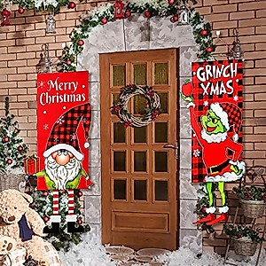 Christmas Decorations-Hanging Xmas Ornaments,Buffalo Plaid Christmas Door Decorations 4PCS,Xmas Banner Flag Sign for Porch Window Wall Mantle Party Yard,45x18IN