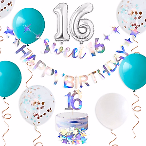 Iridescent Sweet 16 Happy Birthday Banner Garland for Sweet 16 Decorations Hanging Sweet 16 Signs for Girls 16th Birthday Party Decor 16th Happy Birthday Party Sign for Sweet Sixteen Party Supplies