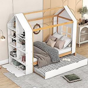 Harper & Bright Designs Twin House Bed for Kids,Wood House Bed with Trundle,Twin Size Platform Bed with Storage Shelves and Window,Twin Playhouse Bed for Girls Boys,White