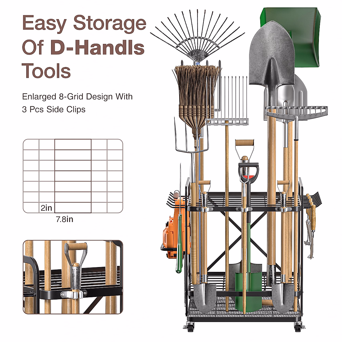 Lineware Garden Tool Organizer For Garage Garden Tool Storage with Wheels Garden Tool Rack Stand Garden Tool Holder Yard Tool Storage for Outdoor Shed Garage Garden Black