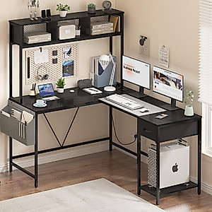 Yoobure L Shaped Desk Gaming Desk with LED Strip & Power Outlet, Reversible L-Shaped Computer Desk with Storage Shelf & Drawer, Corner Desk with Storage Bag, 2 Person Home Office Desk, Black