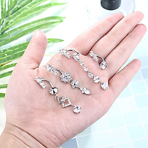 FIBO STEEL 8Pcs Belly Button Rings Dangle 316L Surgical Steel Belly Rings Dangling for Women Heart CZ Long Cute Navel Barbell Body Belly Piercing Jewelry Silver 14G