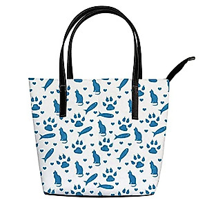 Fashionable women's handbag tote bag, Blue and White Catprinted shoulder bag is light and durable