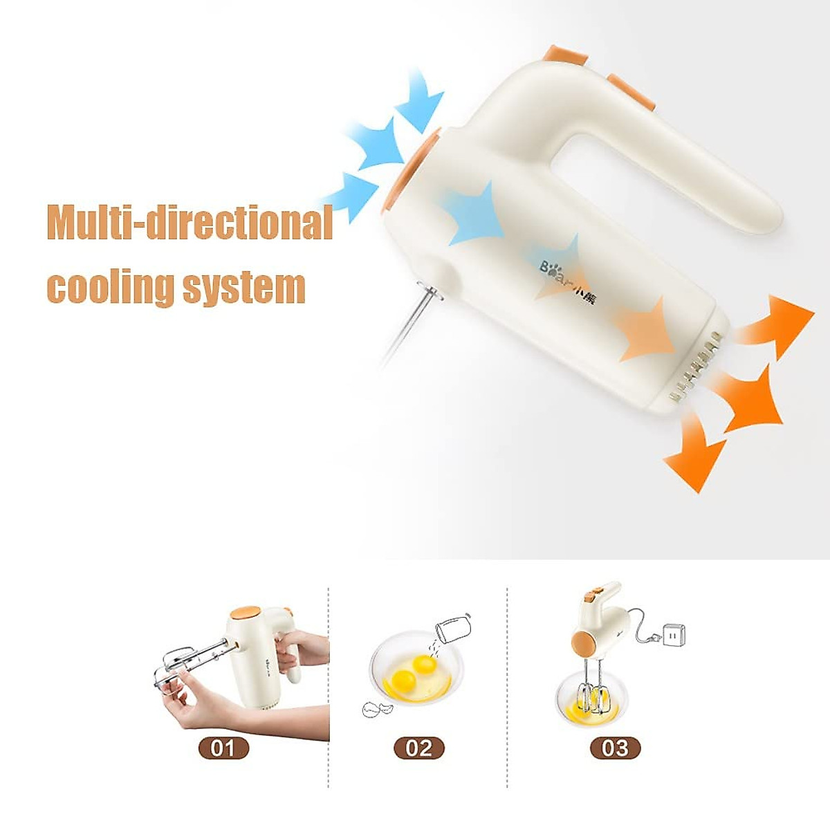 Bear Hand Mixer Electric DDQ-B01K1 125W Ultra Power Stand-up Kitchen Handheld Mixers with 2 Beaters/5-Speed Adjustment for Whipping Mixing Cookies/Brownies/Cakes 220V