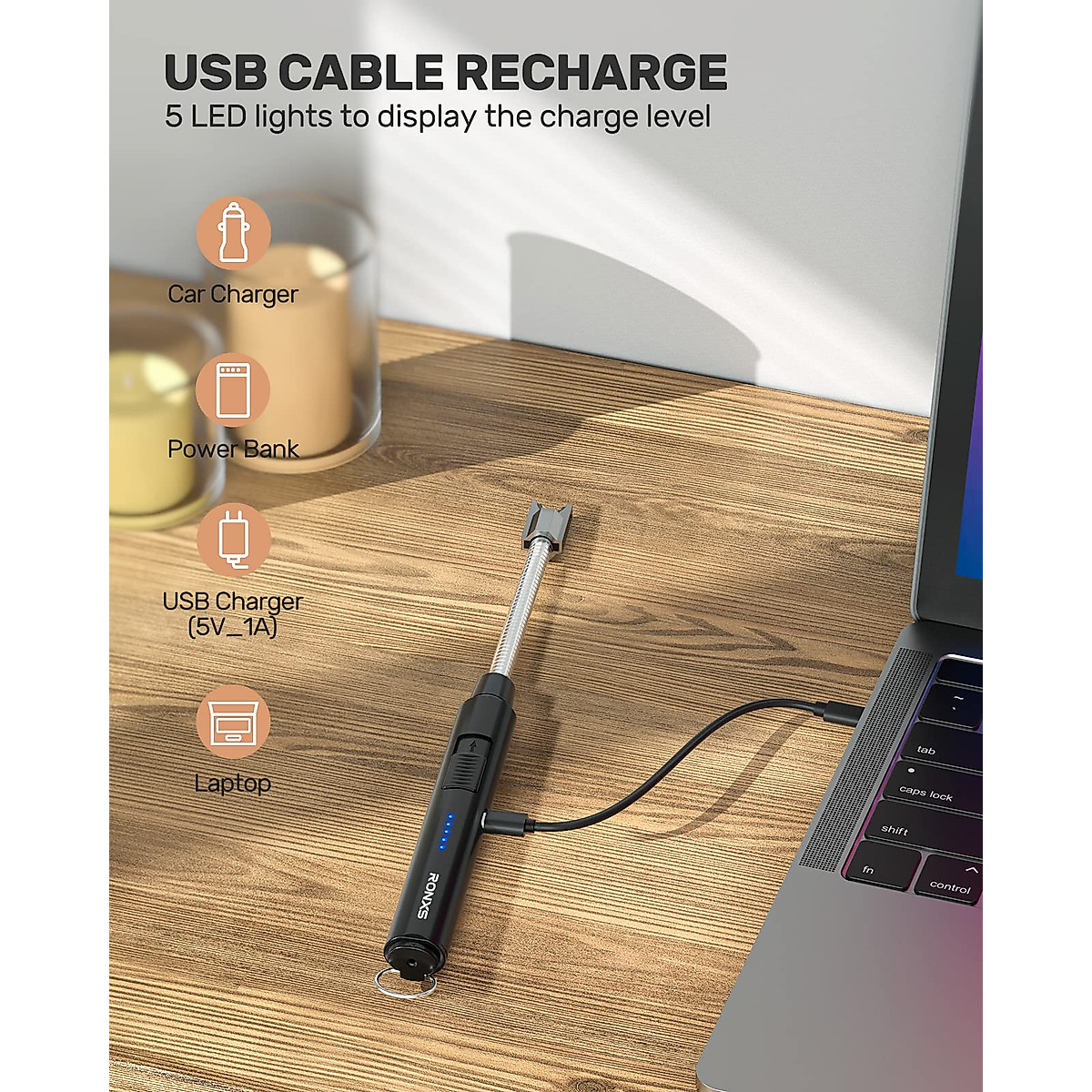 RONXS Lighter Electric Lighter, Candle Lighters USB Rechargeable Arc Lighter with Hanging Hook, LED Battery Display Long Lighters for Candle Grill BBQ Home Outdoor