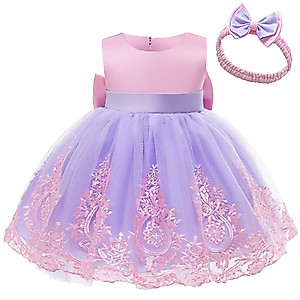 Baby Girls Easter Lace Dresses Toddler Tulle Ruffles Christmas Formal Dress with Headwear(Purple+Pink,80)