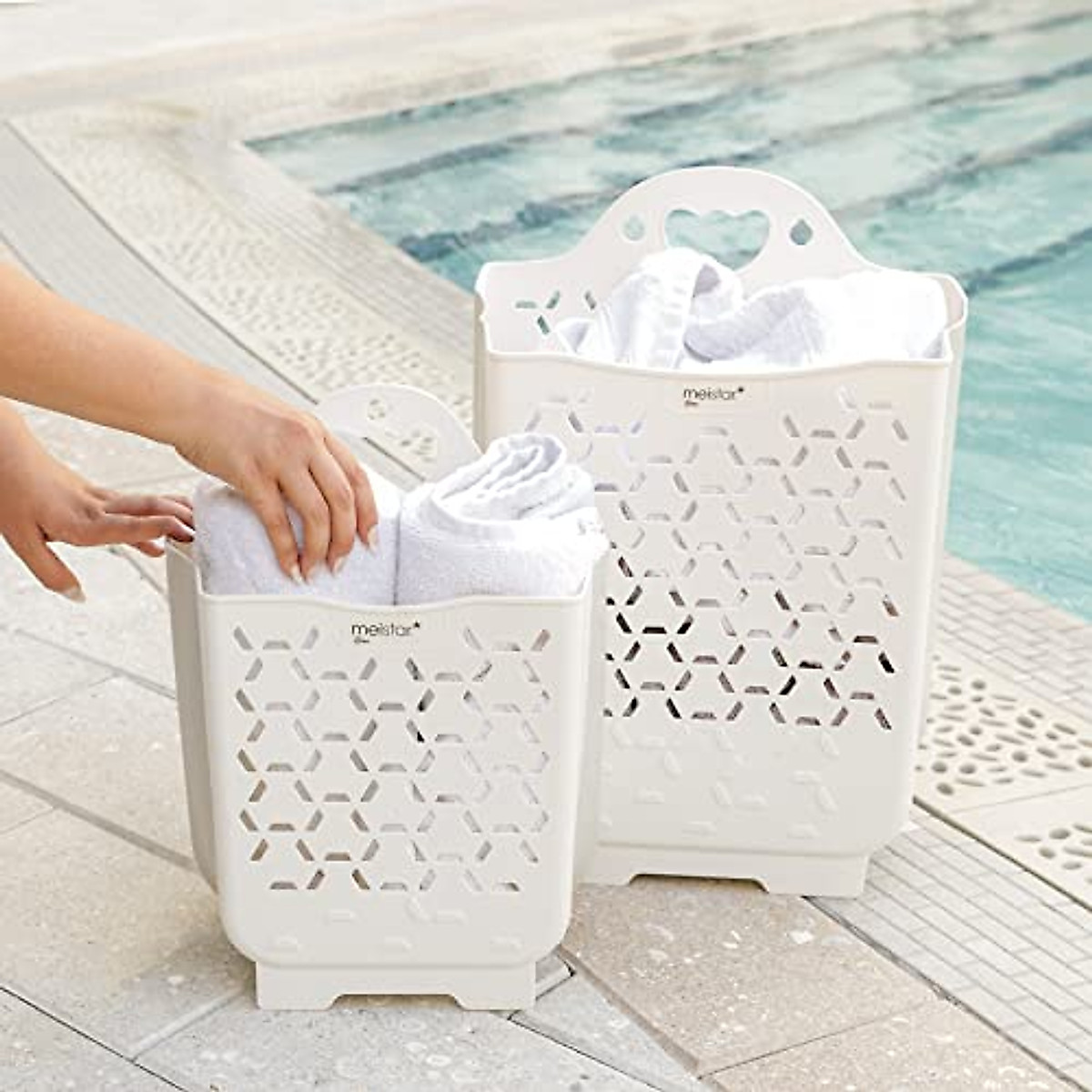 Foldable Plastic Laundry Baskets. Wall Hanging Storage Basket. Multi-function Storage Container Waterproof Durable for Bedroom and Bathroom (L, Beige)