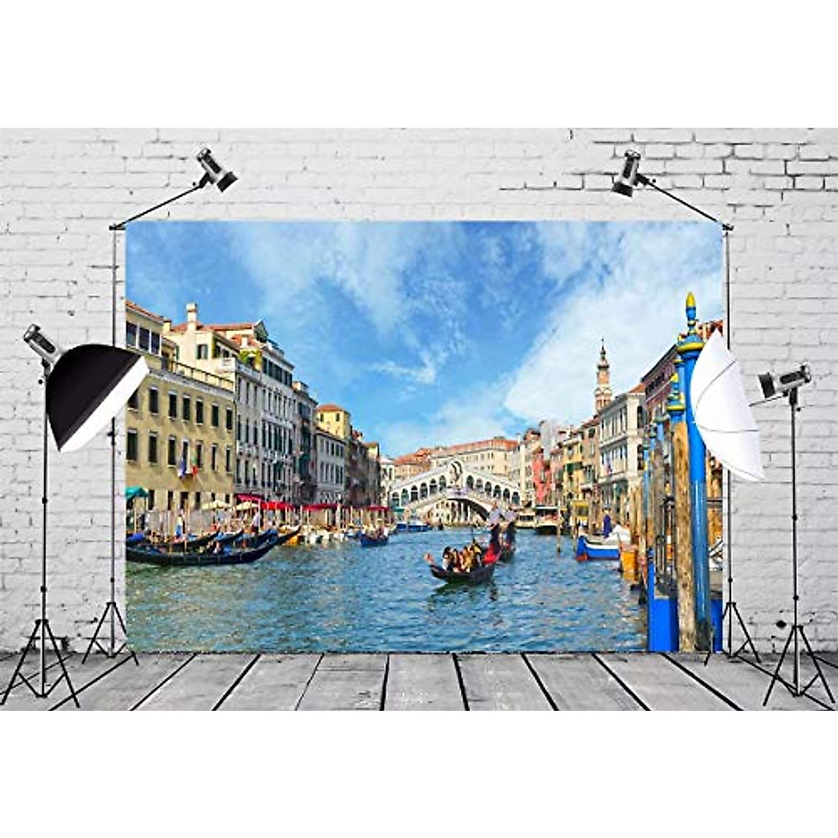 BELECO 7x5ft Fabric Venice Italy Backdrop Gondola Near to Famous Rialto Bridge in Venice Photography Backdrop for Italian Party Decorations Adult Game Birthday Photoshoot Photo Background Props