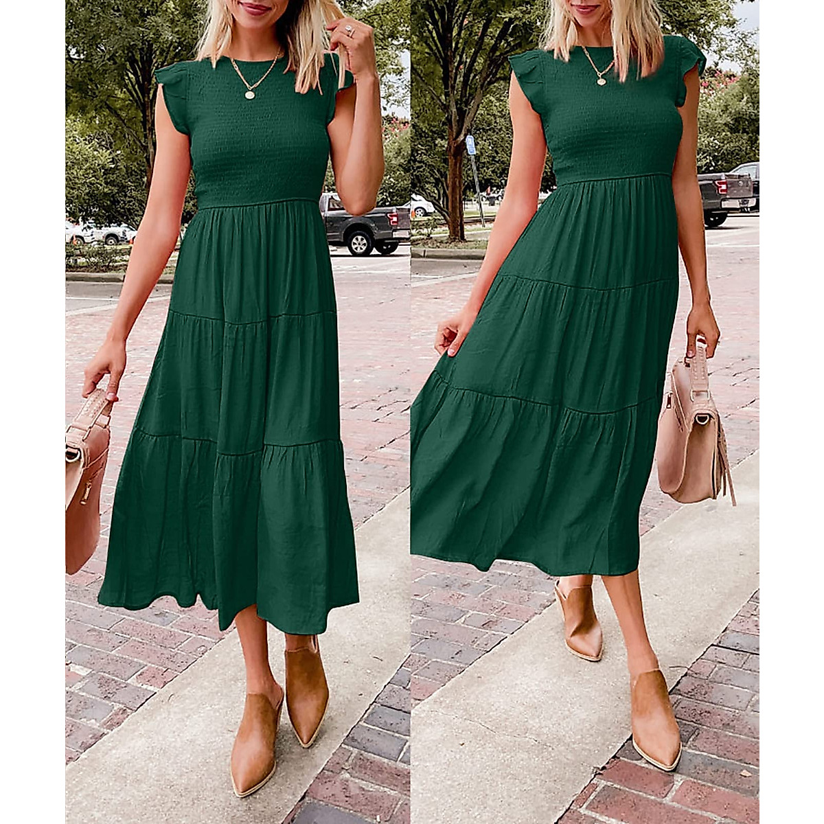 MEROKEETY Women's Summer Casual Short Sleeve Round Neck Smocked High Waist Flowy Sun Midi Dress,ForestGreen,L