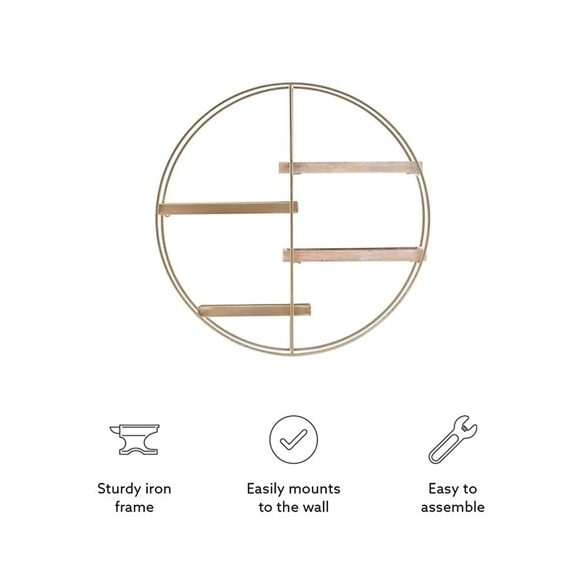 Linon Kenson Round Metal and Greywashed Wood Four Shelf Wall Storage in Gold