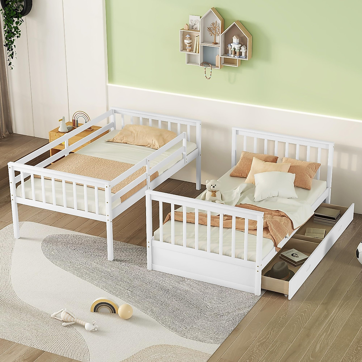 Harper & Bright Designs Twin Over Twin Bunk Bed with Storage Drawers, Solid Pine Wood Frame and Ladder with Guard Rails for Kids, Teens, Boys and Girls, No Box Spring Needed, Bunk Bed White