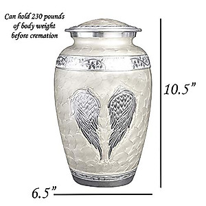 Custom Engraved Angel Wings Funeral Cremation Urn with Velvet Bag (Pearl White, Large)