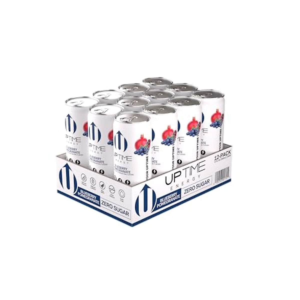 UPTIME Energy Drink, Blueberry Pomegranate, 12 Pack, Vitamin C, L Theanine, Calcium, Sugar Free Energy Drinks for Focus Support, 142mg of Natural Caffeine, 0 Calories, Clean, Natural, 12 fl oz Cans