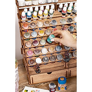 Plydolex Wooden Paint Organizer for 74 Bottles of Paints and 14 Paint Brushes - Paint Rack with 2 Cabinets for Art Tools and 6 Miniature Stands - Modular Paint Rack for Miniature Paint Set
