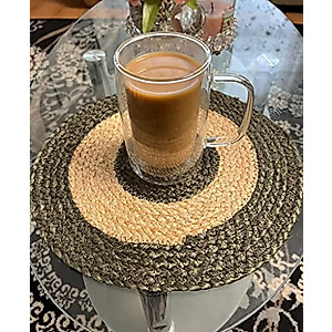 Premium Jute Placemats Set - Golden Fiber Collection | 100% Natural and Eco-Friendly | Soft & Durable | Round 13" x 13" | Dining Room Table Mat in Green and Natural Jute Color (Set of 6)