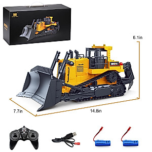 fisca Remote Control Bulldozer RC 1/16 Full Functional Construction Vehicle, 2.4Ghz 11 Channel Dozer Front Loader Toy with Light and Sound for Kids Age 6, 7, 8, 9, 10 and Up Years Old