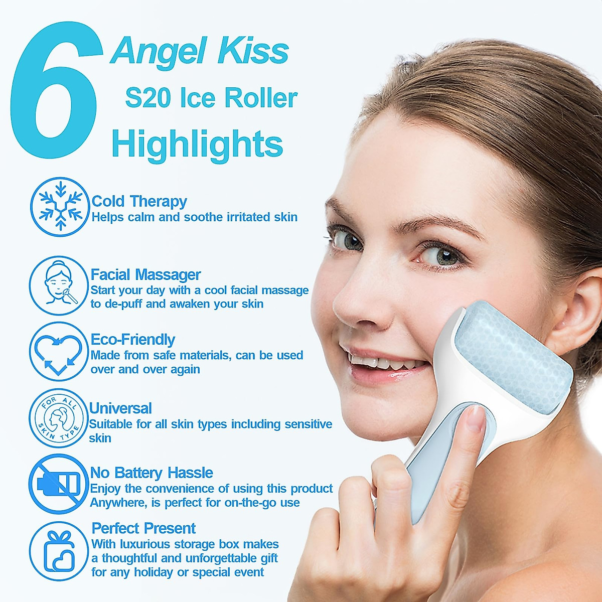 Angel Kiss Ice Roller for Face Eye, Women Gift Idea, Cold Therapy Massager for Reduce Puffiness, Redness, Dark Circles, Tightening Firming, Reduce Wrinkles, Migraine Pain Relief, w/Premium Carry Case
