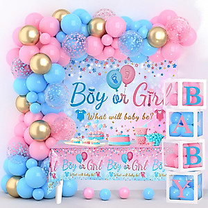 Baby Gender Reveal Party Decorations - Pink Blue Balloon Arch Garland Kits With 4pcs Baby Boxes, Gender Reveal Backdrop and Tablecloths for Baby Shower, Boy or Girl Gender Reveal Party Ideas Supplies